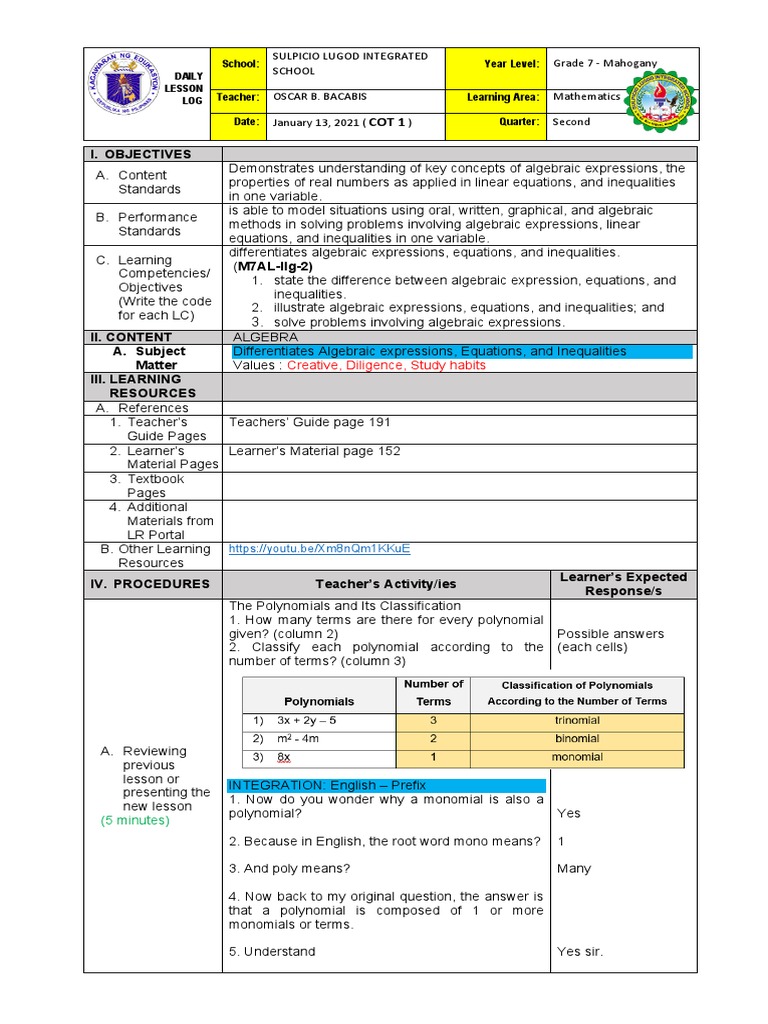 Math 7 Classroom Observation Lesson Plan 1 Final | PDF | Equations ...