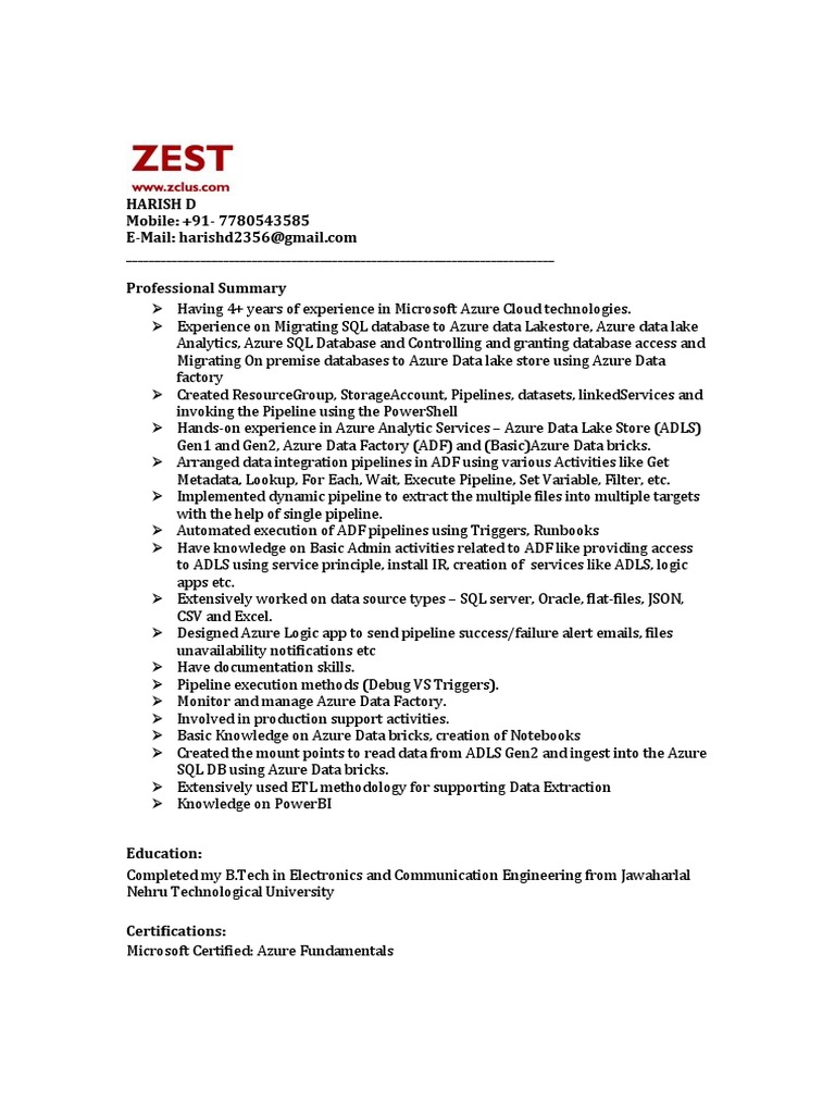 Zclus - Harish - Data Engineer | PDF | Microsoft Azure | Databases