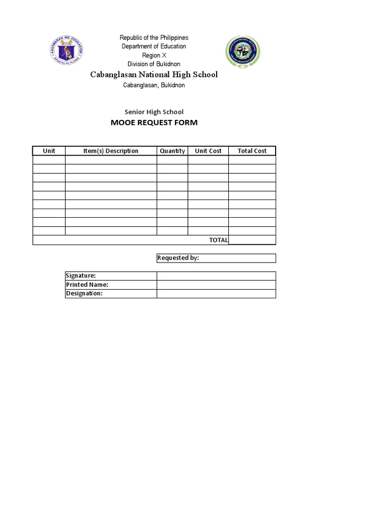 Cabanglasan National High School: Mooe Request Form | PDF