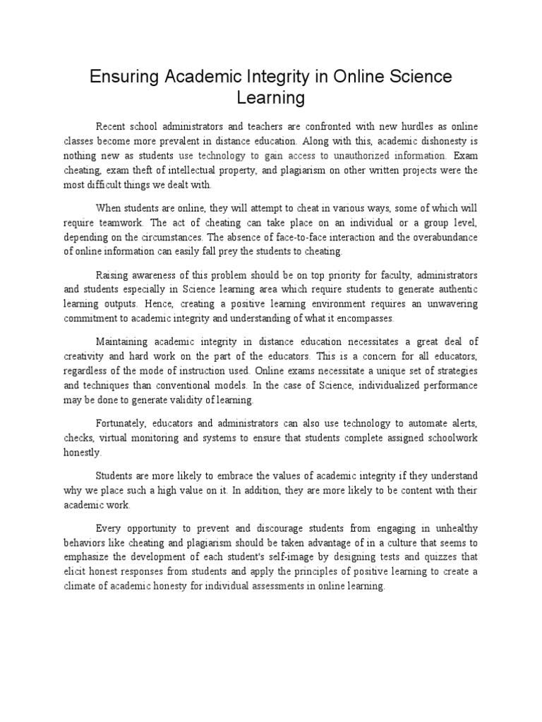 Ensuring Academic Integrity in Online Science Learning | PDF