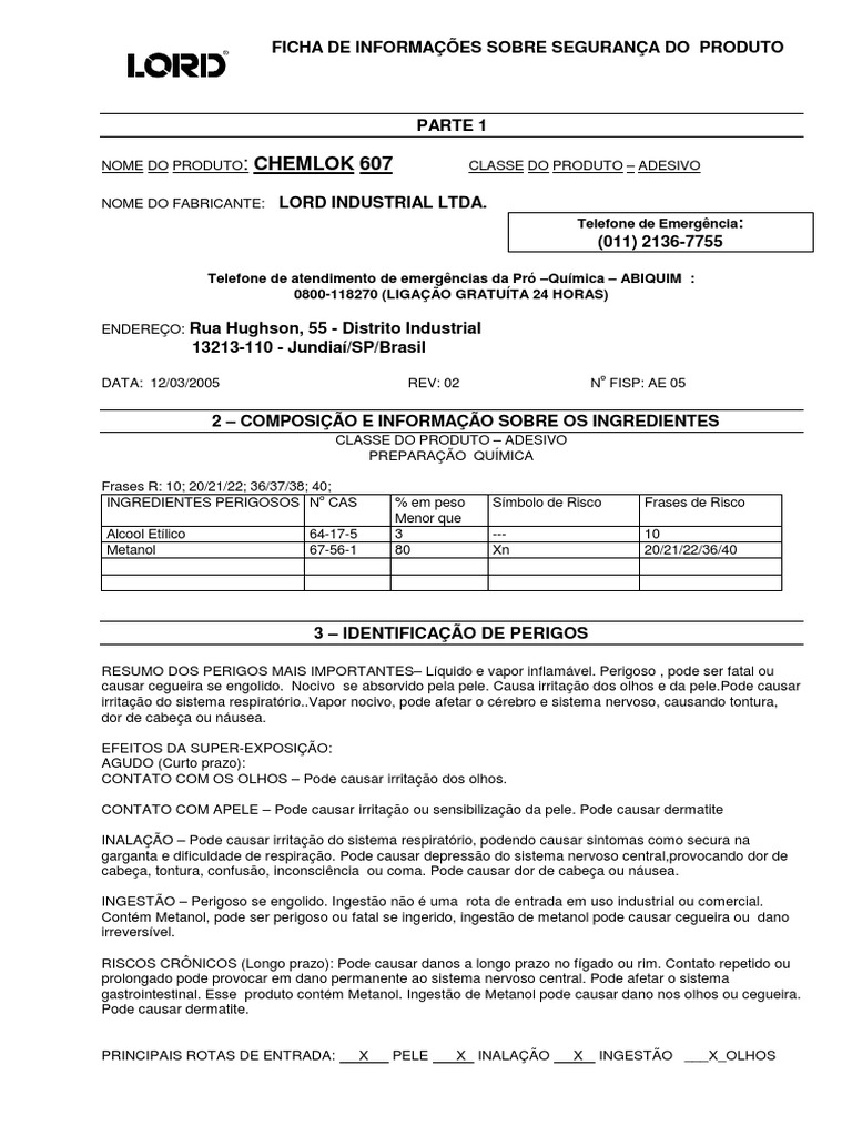 Chemlok 607: Lord Industrial Ltda | PDF | Metanol | Embalagem e rotulagem
