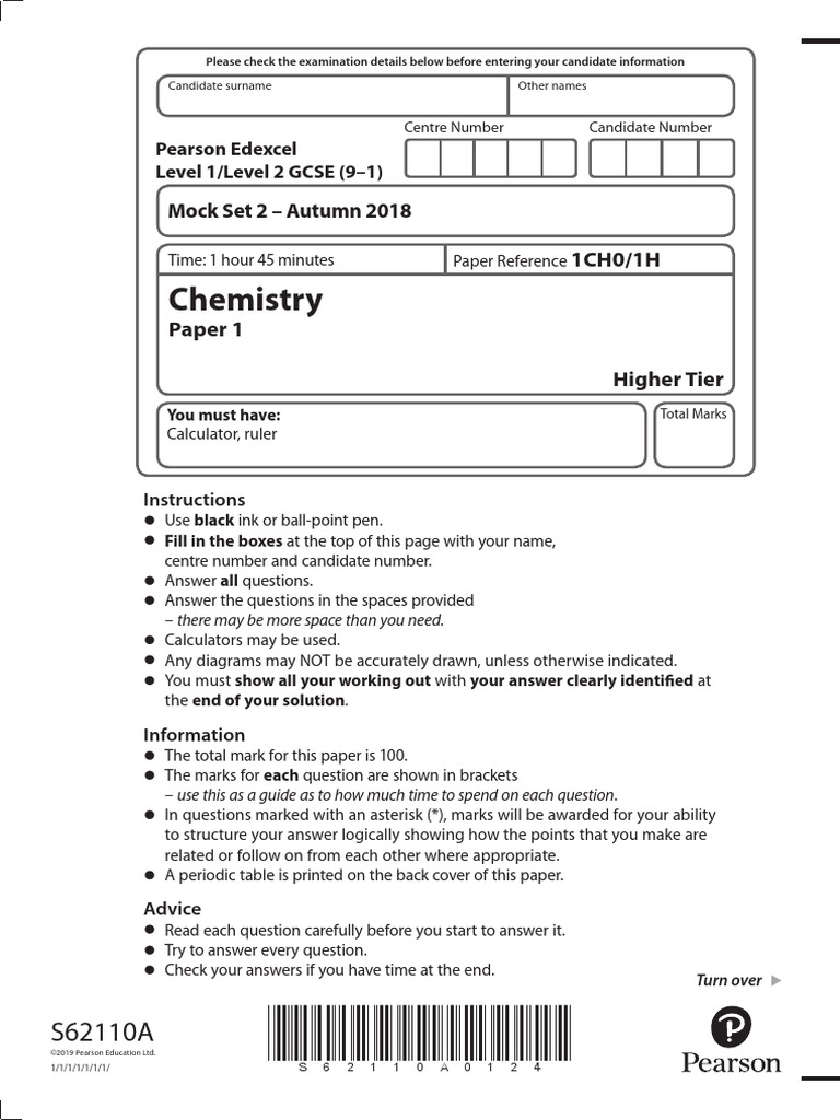 1CH0 1H Mock Set-2 Paper 1 Chemistry GCSE Higher | PDF | Chemistry ...