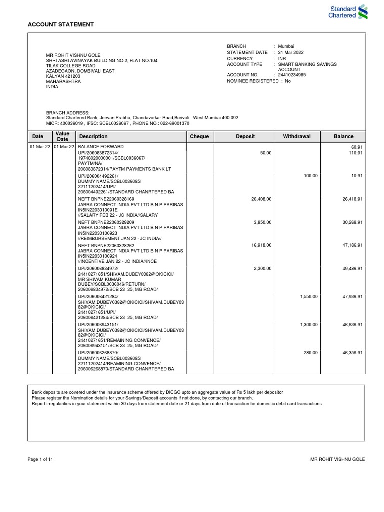 Account Statement: Date Value Date Description Cheque Deposit Withdrawal Balance | PDF | Banks ...