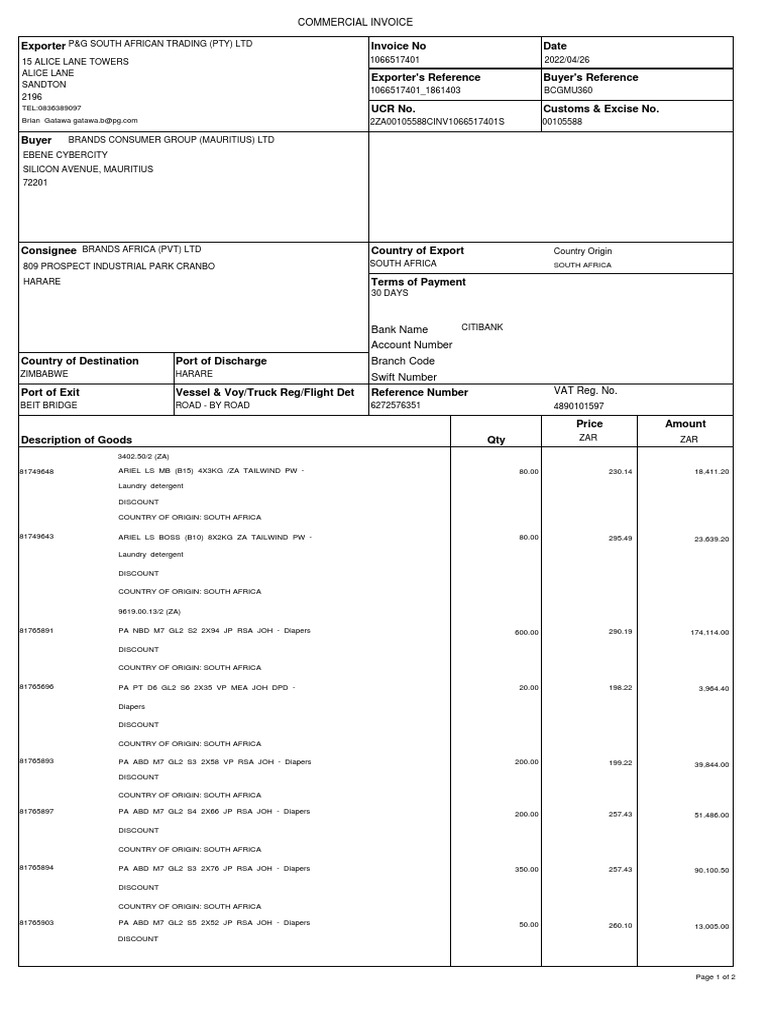 Commercial Invoice: Bank Name Account Number Branch Code Swift Number ...