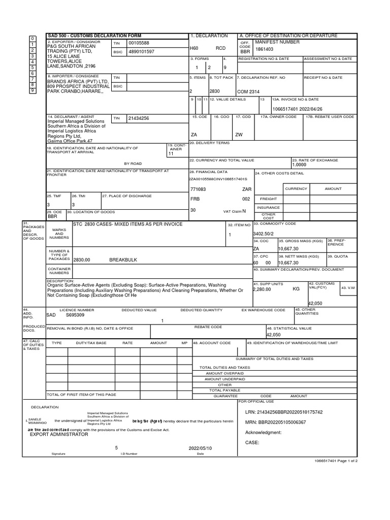Sad 500 - Customs Declaration Form: by Road | Download Free PDF ...