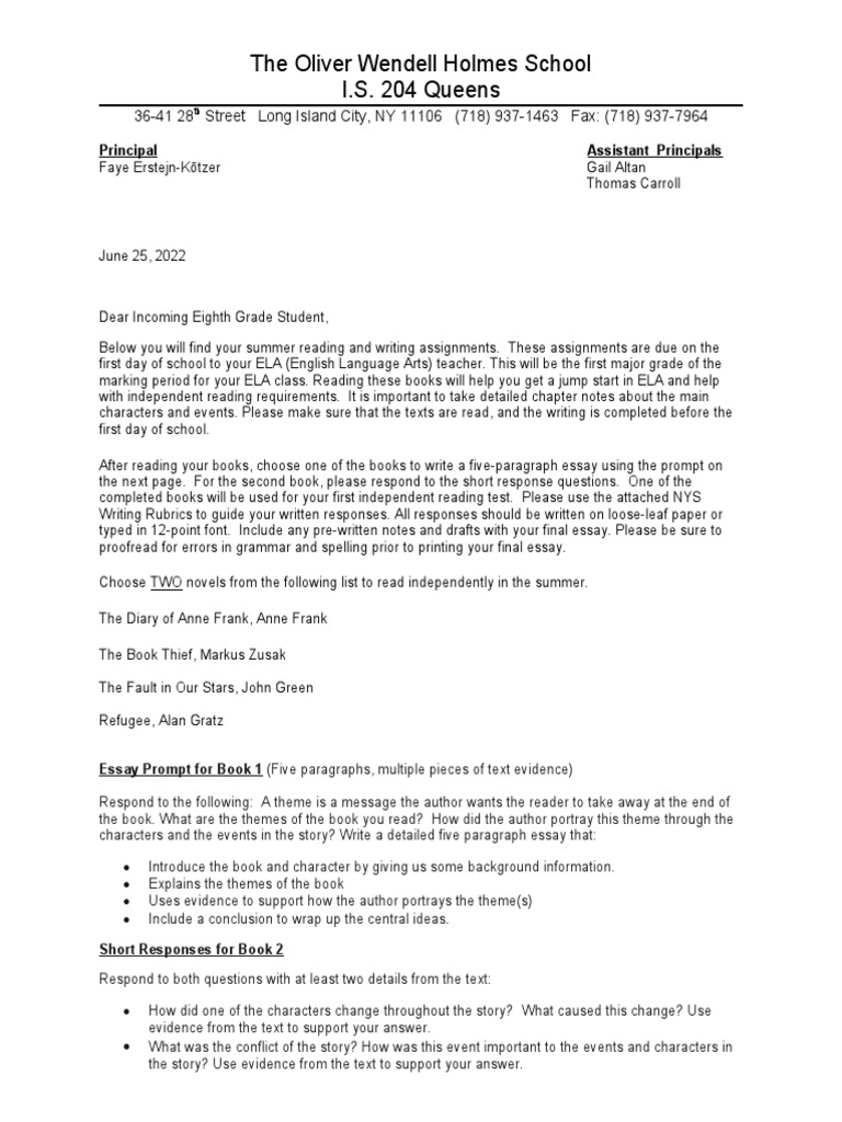 8th Grade Summer Reading | PDF | Books | Essays