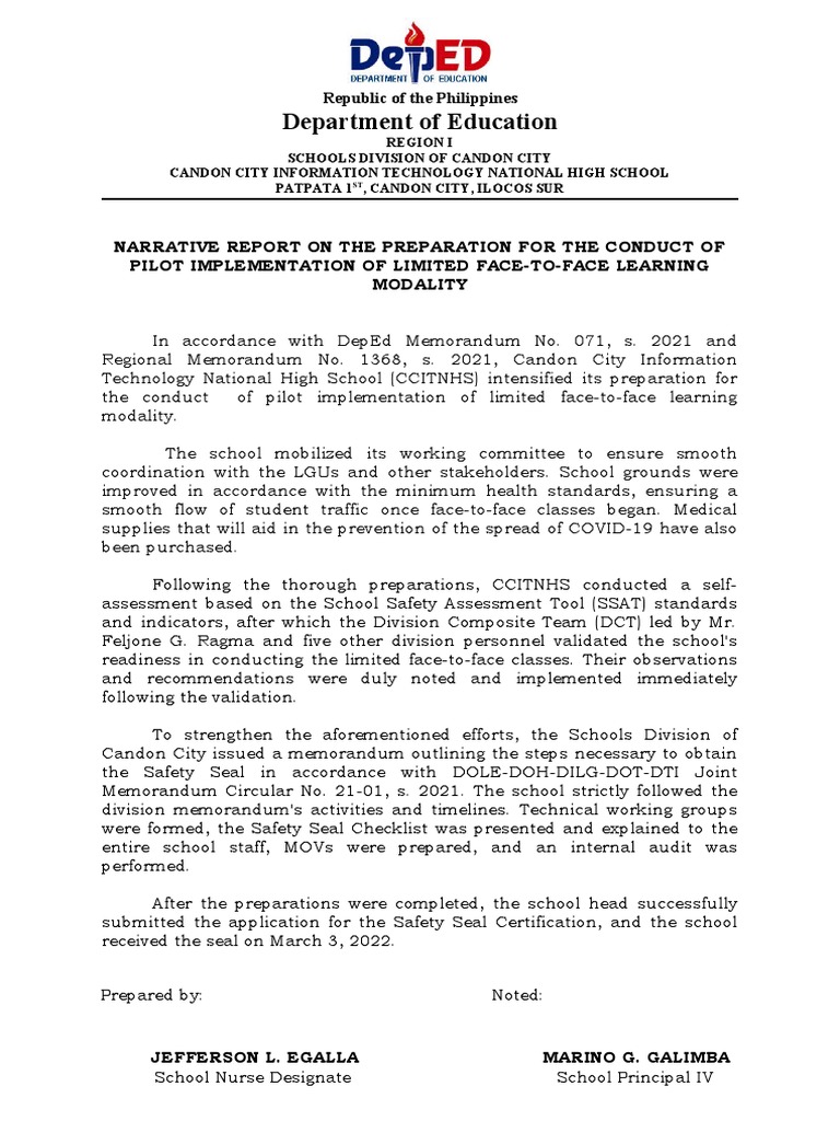 School Safety Assessment Accomplishment Report | PDF | Health Sciences ...