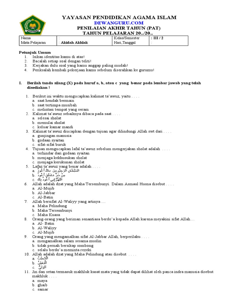 Soal PAS Akidah Akhlak Kelas 3 MI | PDF