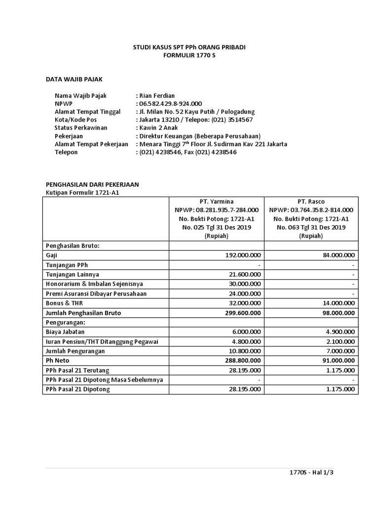 STUDI KASUS SPT PPH ORANG PRIBADI FORMULIR 1770 S | PDF