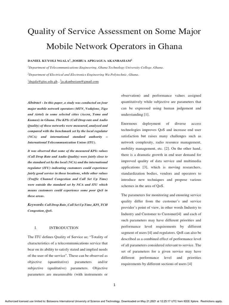 Quality of Service Assessment On Some Major Mobile Network Operators in Ghana | PDF | Quality Of ...