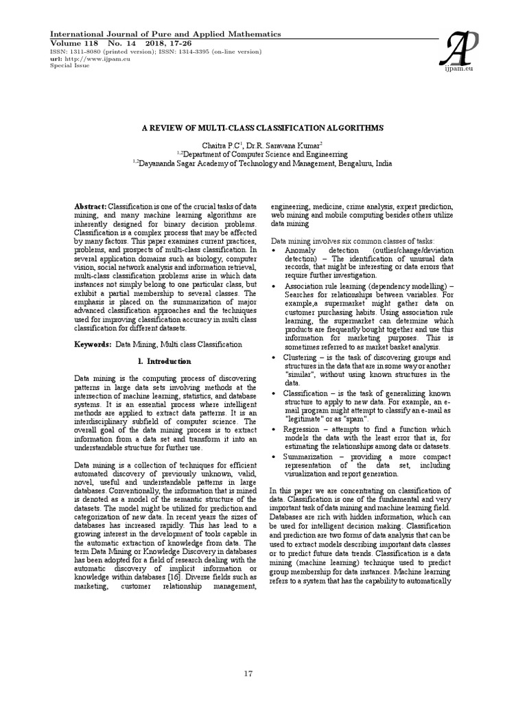 A Review Of Multi Class Classification Algorithms Pdf Statistical Classification Logistic