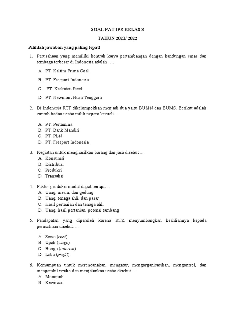 Kunci Jawaban Soal Ujian IPS Kelas 8 | PDF