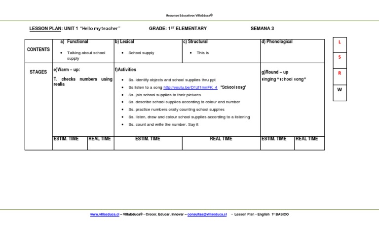 Lesson Plan: Unit 1 "Hello My Teacher" Grade: 1 Elementary Semana 3 | PDF