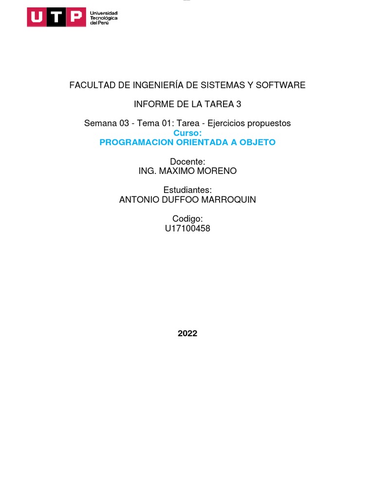Semana 3 Tema 3 Tarea 3 Ejercicios Propuestos Programacion Orientada A Objetos | PDF ...