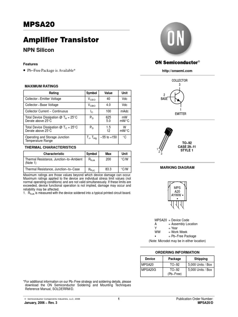MPSA20 Amplifier Transistor: NPN Silicon | Download Free PDF | Bipolar ...
