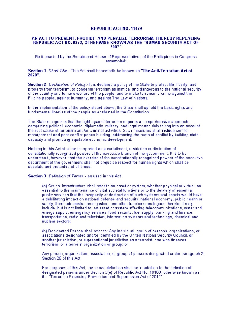 Ra 11479 Anti Terrorism Law | PDF | Detention (Imprisonment) | Arrest