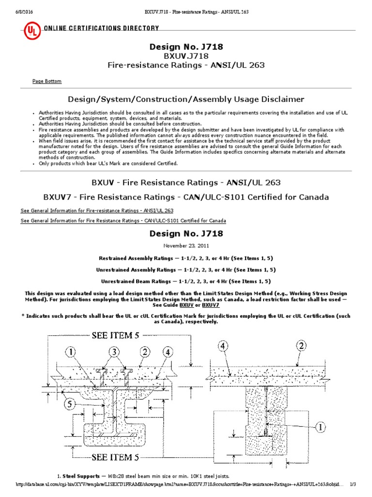 Design No. J718: BXUV.J718 Fire Resistance Ratings ANSI/UL 263 | PDF | Concrete | Civil Engineering