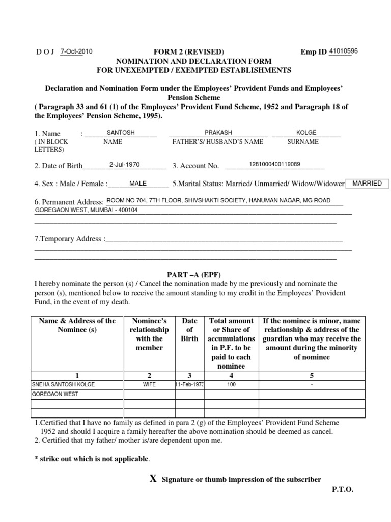E PF Form 2 For Nomination Fillable | PDF | Pension | Government