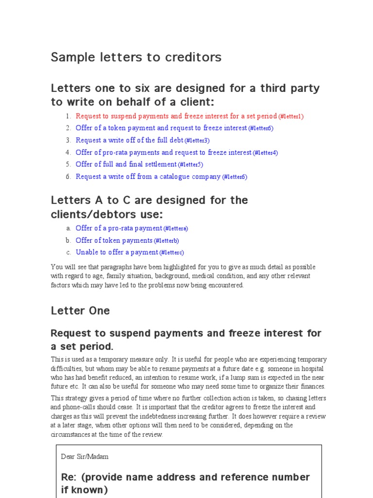 General Debt Advice - Sample Letters To Creditors | PDF | Debt | Bankruptcy