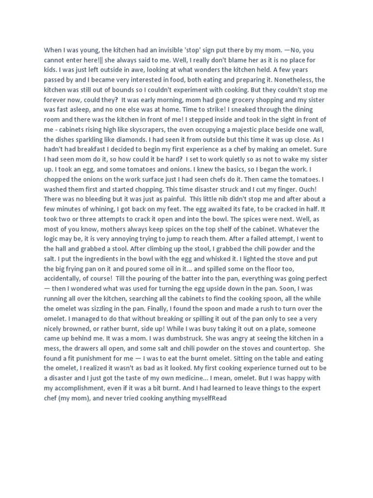 Essay On Cooking | PDF | Food And Drink Preparation | Foods