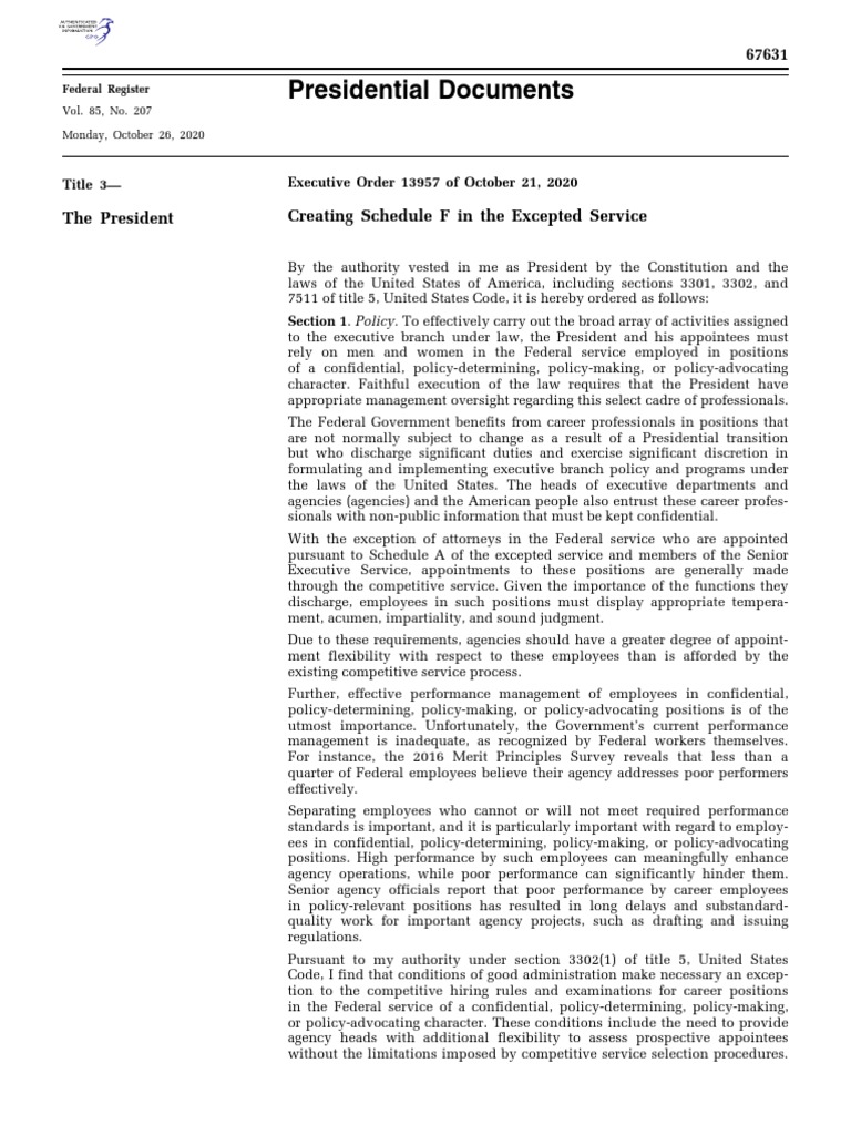 Presidential Documents: The President Creating Schedule F in The ...