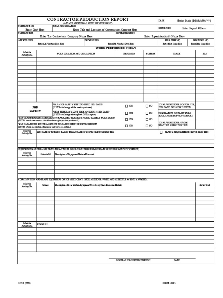 Contractor Production Report: Work Performed Today | PDF | Dangerous ...