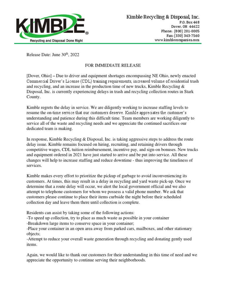 Kimble Press Release 6-30-22 | PDF | Recycling | Economies