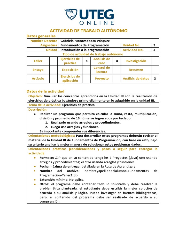 Fundamentos de Programacion-Taller U3 | PDF | Programación de ...