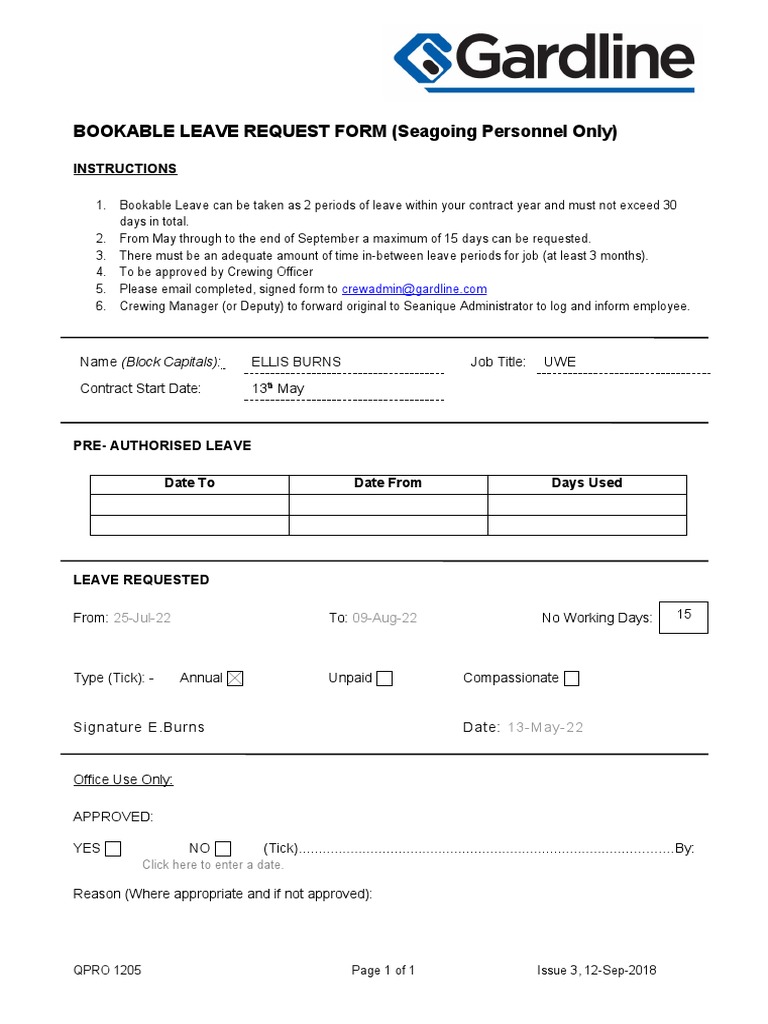 Bookable Leave Request Form (Sea Going Personnel) | PDF