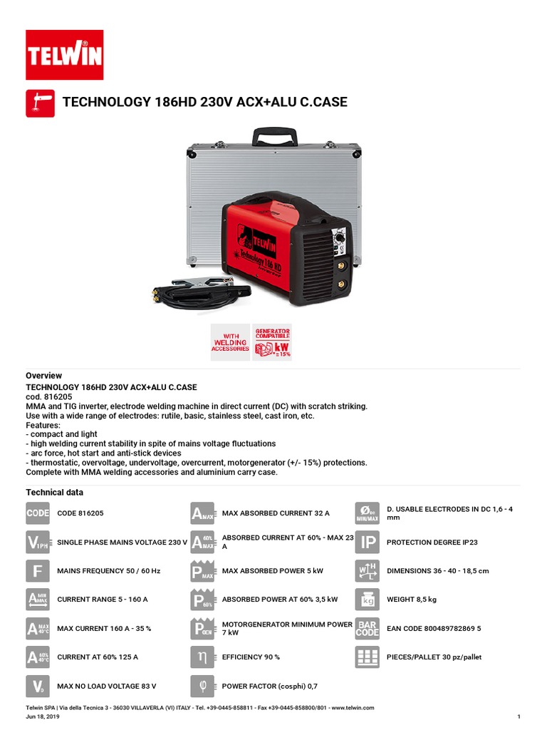 Telwin Technology 186 HD Datablad | PDF | Electricity | Electric Power