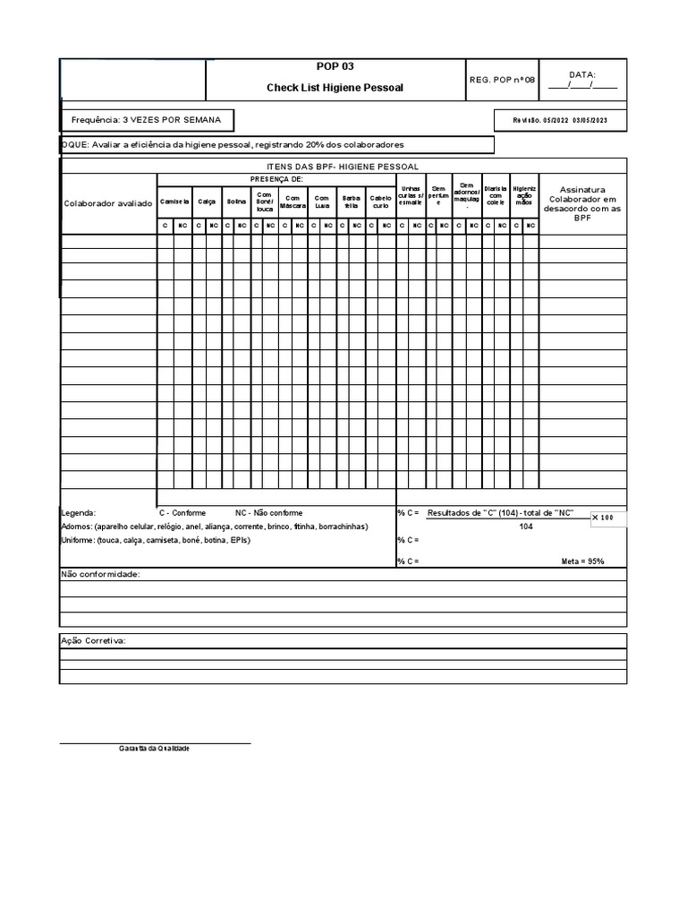 POP 03 Planilha 08 Check List HIGIENE PESSOAL - SEMANAL | PDF POP 03 Planilha 08 Check List HIGIENE PESSOAL - SEMANAL | PDF