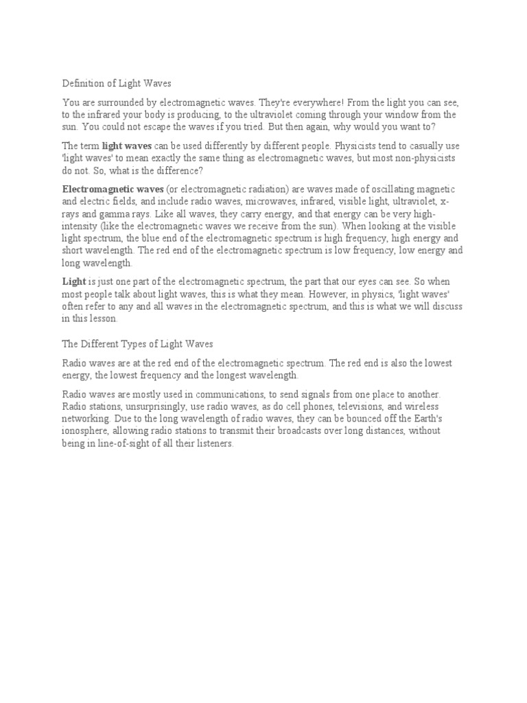 Definition of Light Waves | PDF | Electromagnetic Spectrum ...