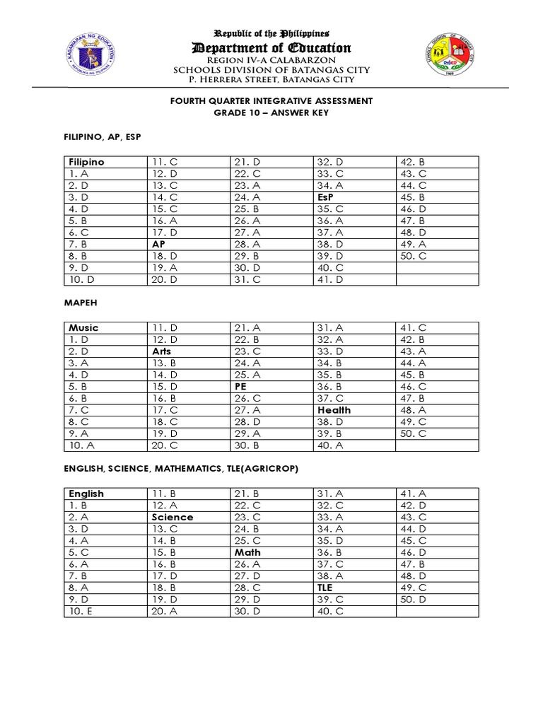 Q4 - G10 - Answer Key | PDF | Secondary Education | Mathematics