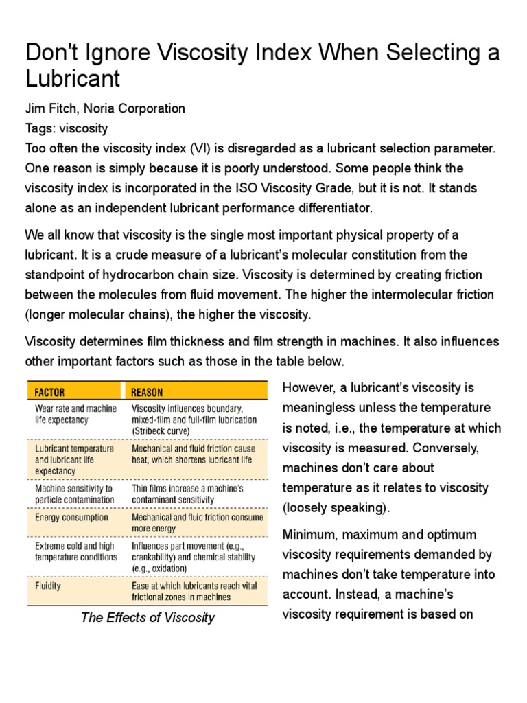 Viscosity Index When Selecting A Lubricant | PDF | Viscosity | Liquids