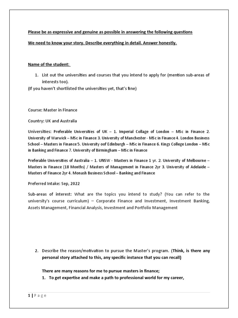 SoP Questionnaire | PDF | Master Of Science | University