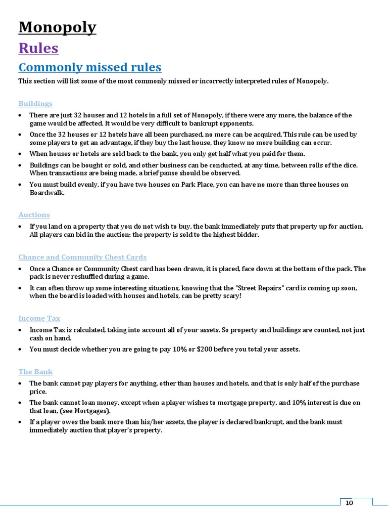 Monopoly Commonly Missed Rules & FAQ & Variants | PDF | Auction ...