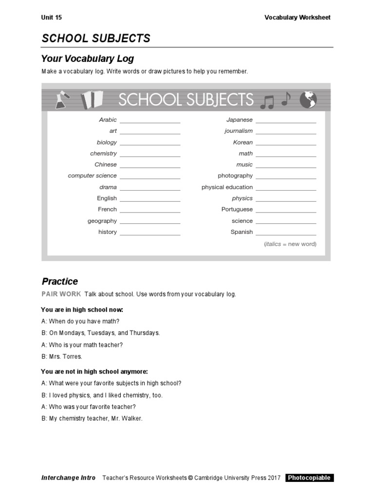 Interchange5thEd IntroLevel Unit15 Vocabulary Worksheet | PDF
