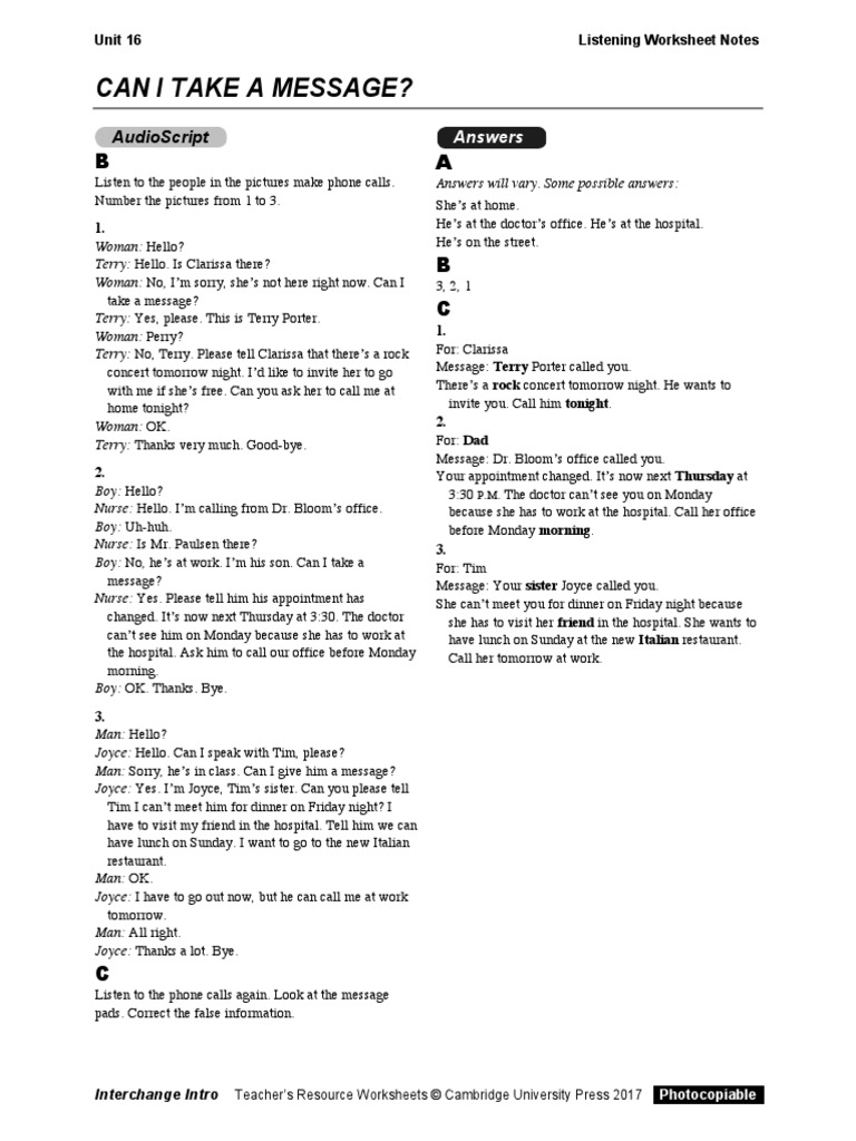 Can I Take A Message?: Audioscript | PDF