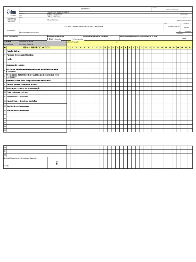 Check List Diário de Bomba Hidráulica | PDF