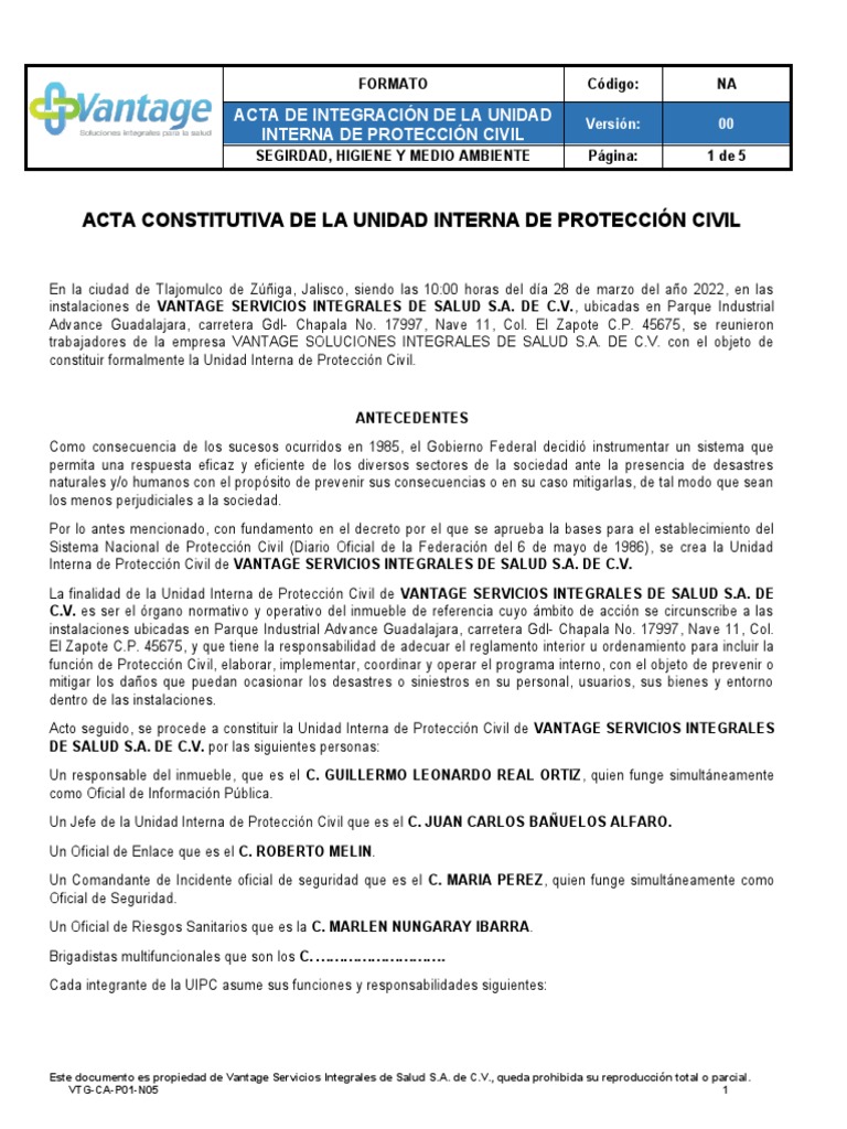 Acta Constitutiva de La Unidad Interna de Protección Civil 2022 | PDF | Defensa Civil | Gestión ...