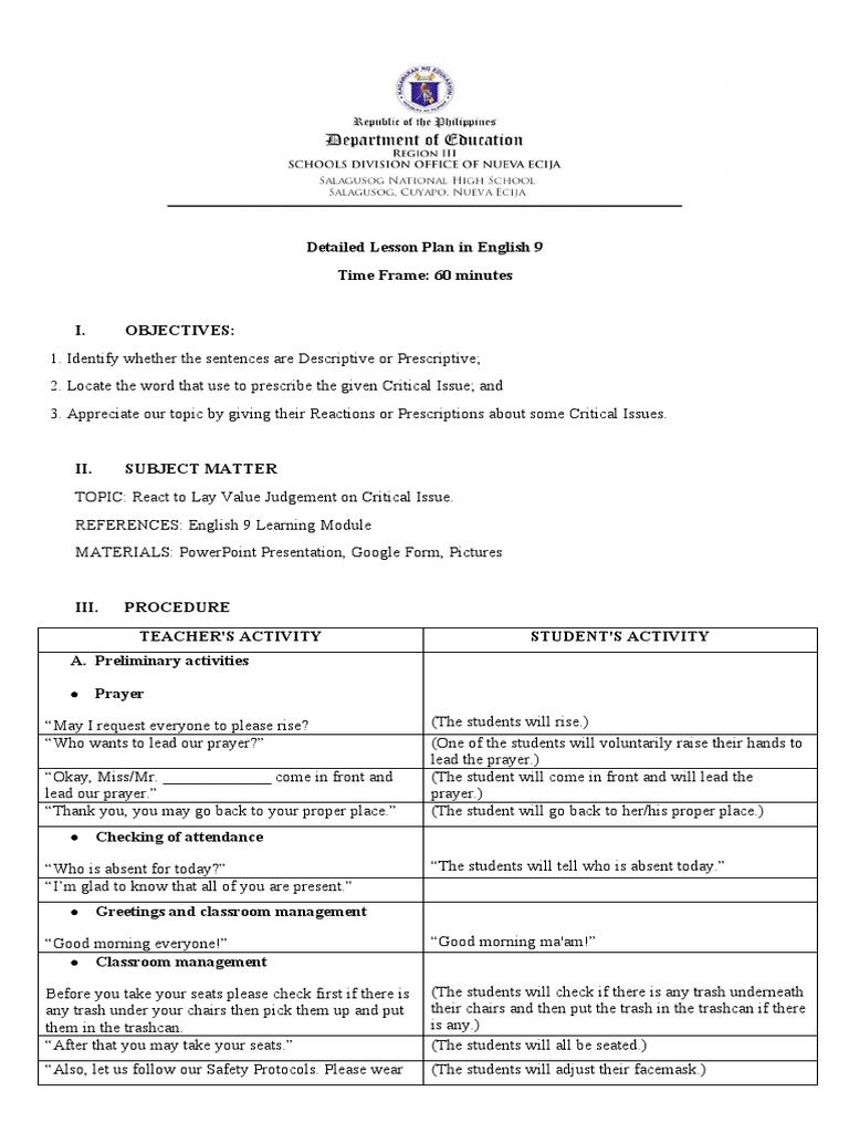 DLP in English 9 - Quarter 4 - Week 5 | PDF | Classroom Management ...