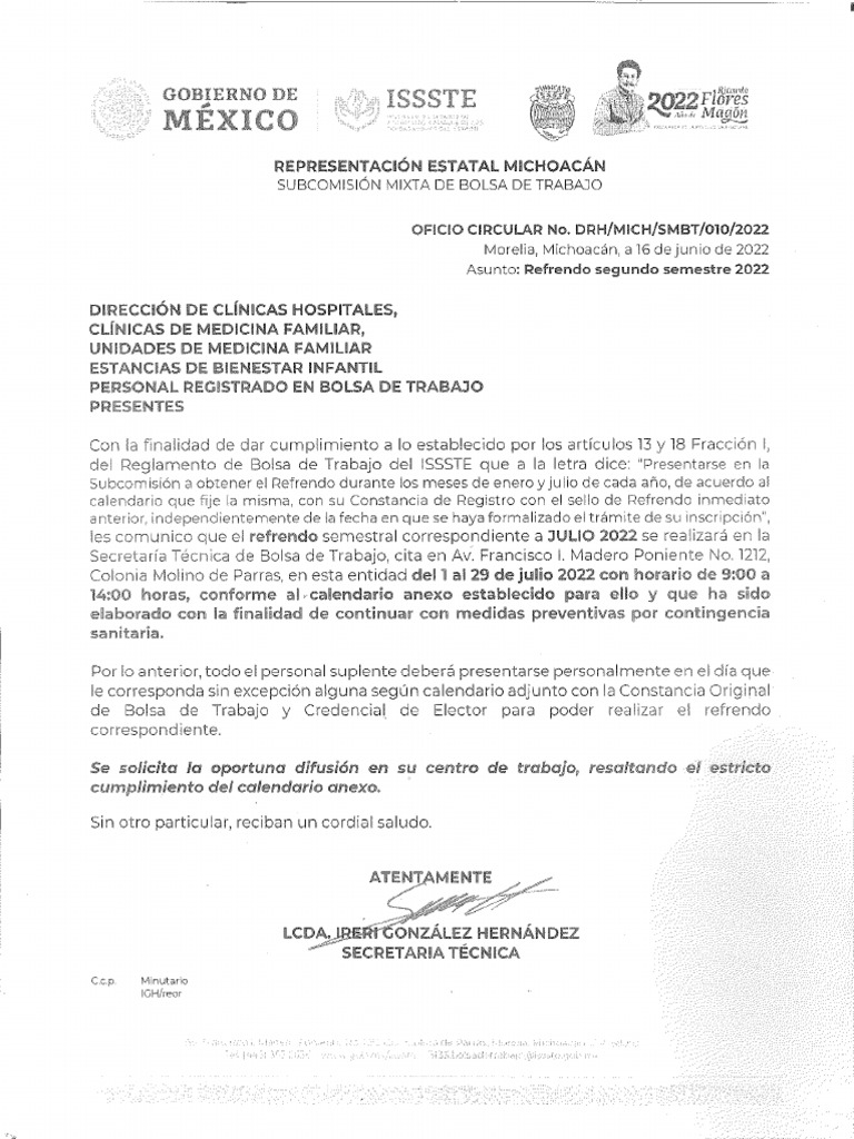 Oficio y Calendario Refrendo Bolsa de Trabajo 2° Semestre 2022 | PDF