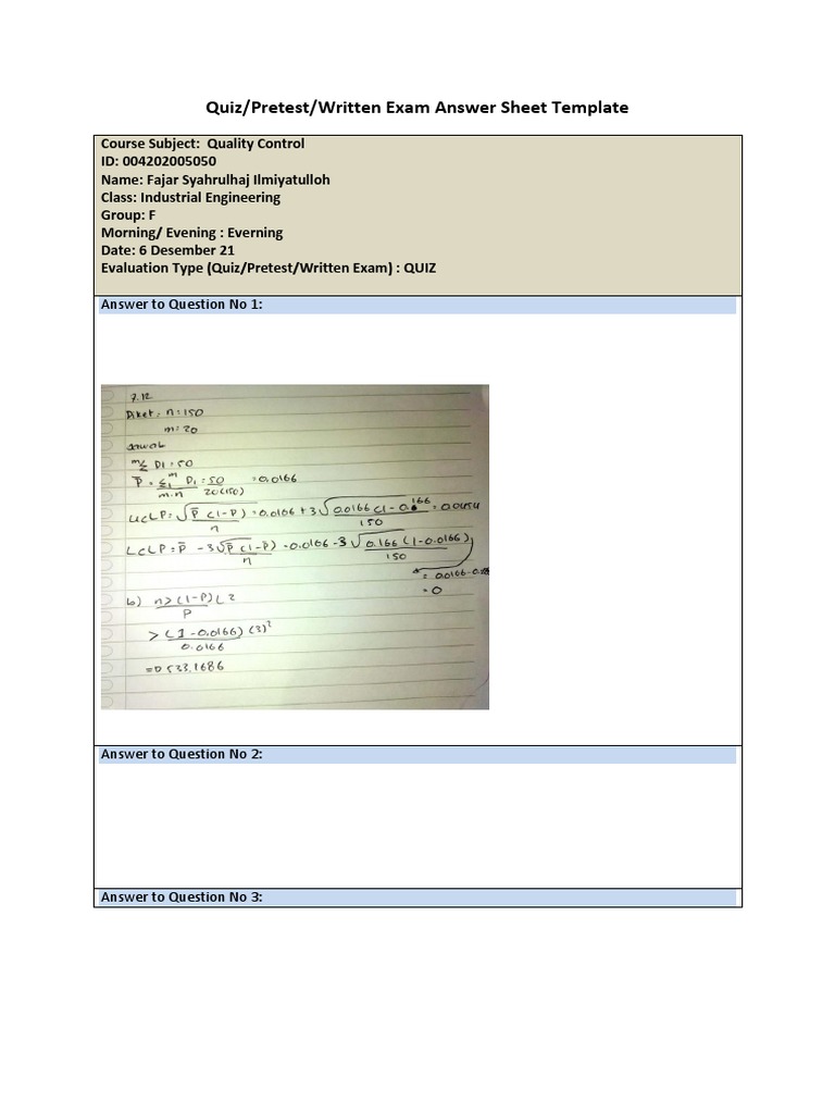 Quiz/Pretest/Written Exam Answer Sheet Template: Answer To Question No ...