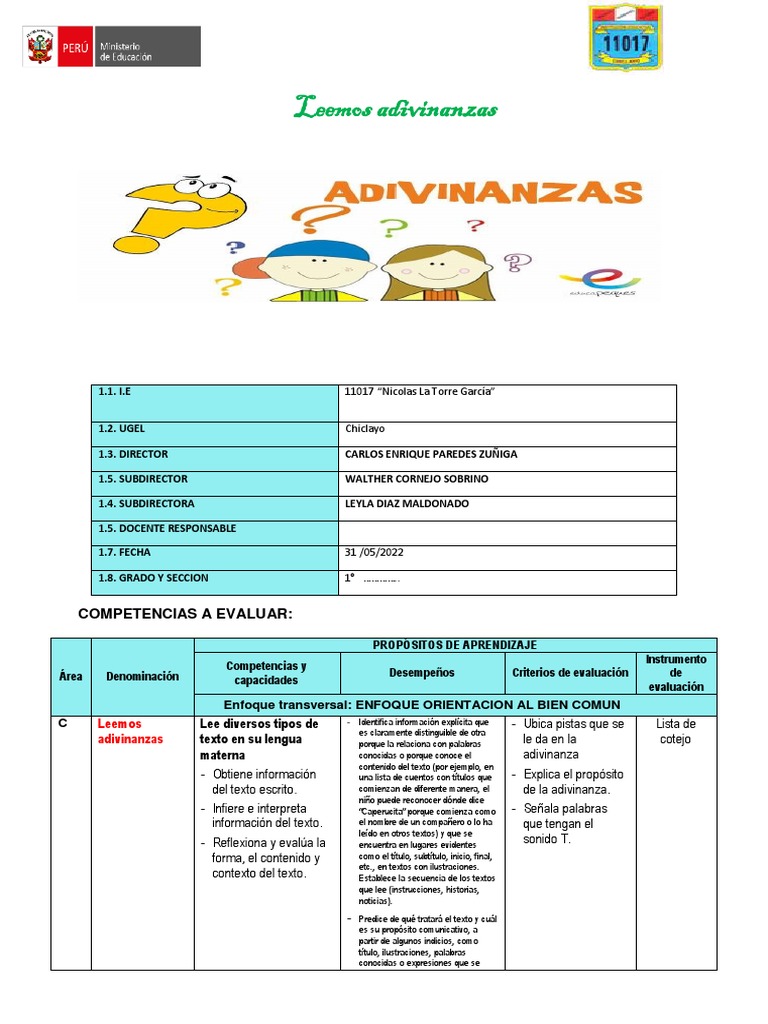 Leemos Adivinanzas | PDF | Evaluación