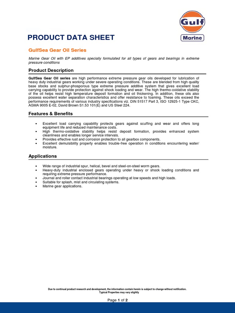 Product Data Sheet: Gulfsea Gear Oil Series | PDF | Gear | Bearing ...