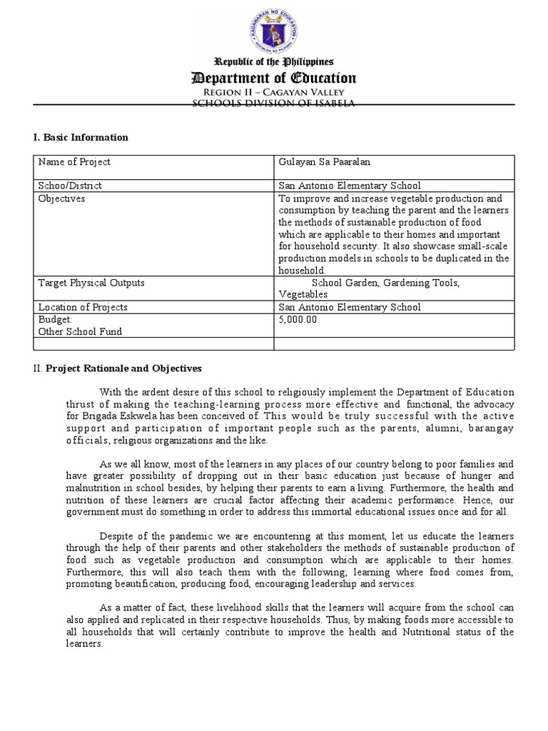 Gulayan sa Paaralan Project Overview | PDF | Foods | Malnutrition