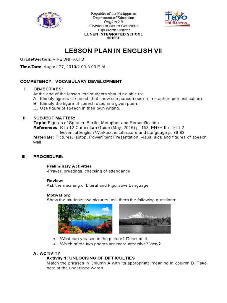 English 7 Lesson Plan | PDF | Metaphor | English Language