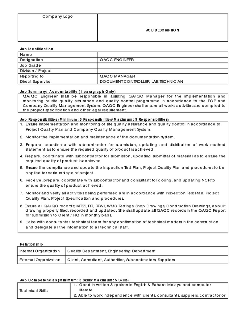 Job Description For QAQC Engineer | PDF | Consultant | Quality Assurance