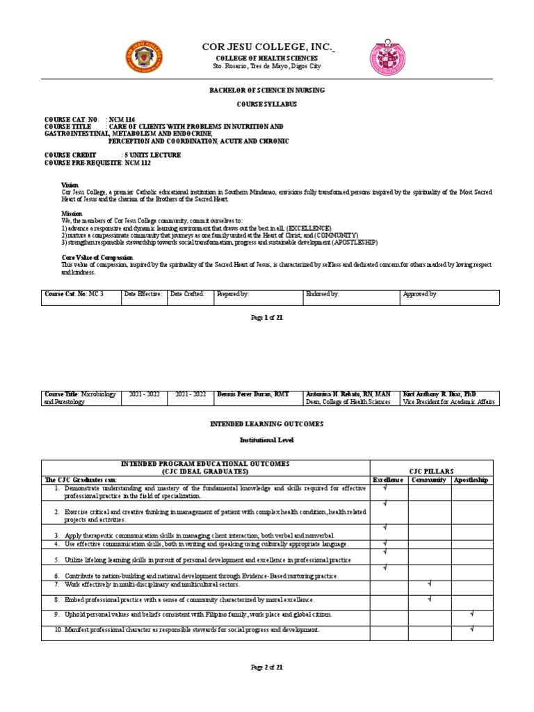 NCM 116 Course Syllabus | PDF | Infection | Immune System
