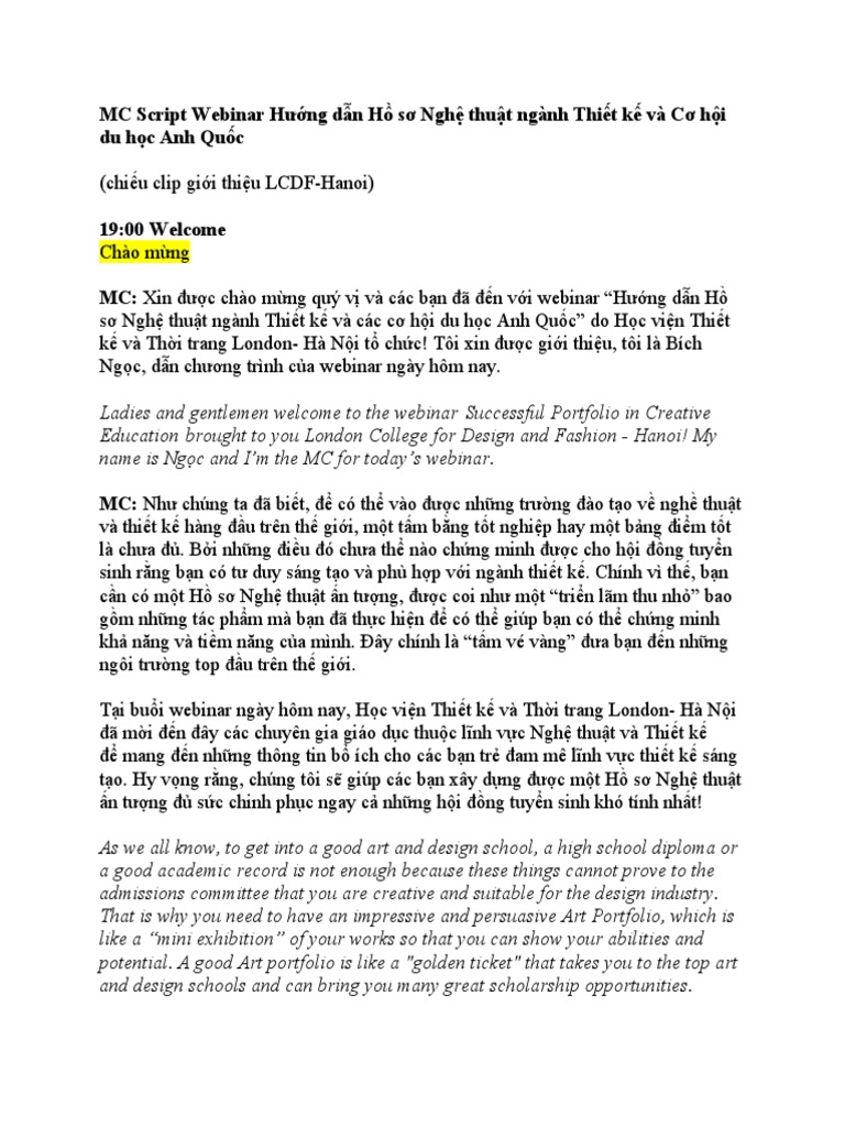 15.4 MC Script Webinar Hướng Dẫn Hồ Sơ Nghệ Thuật Ngành Thiết Kế | PDF
